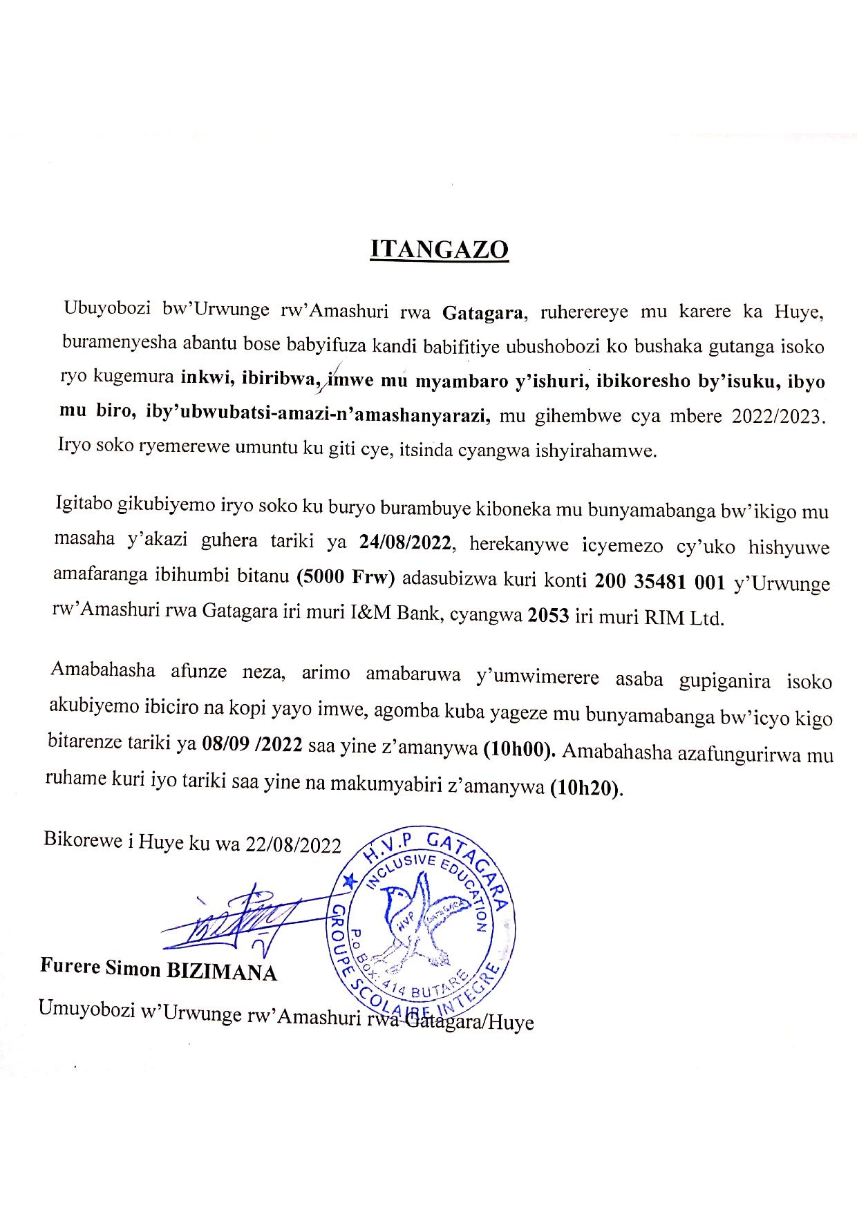 » G.S GATAGARA: ITANGAZO RY’AMASOKO ImvahoNshya