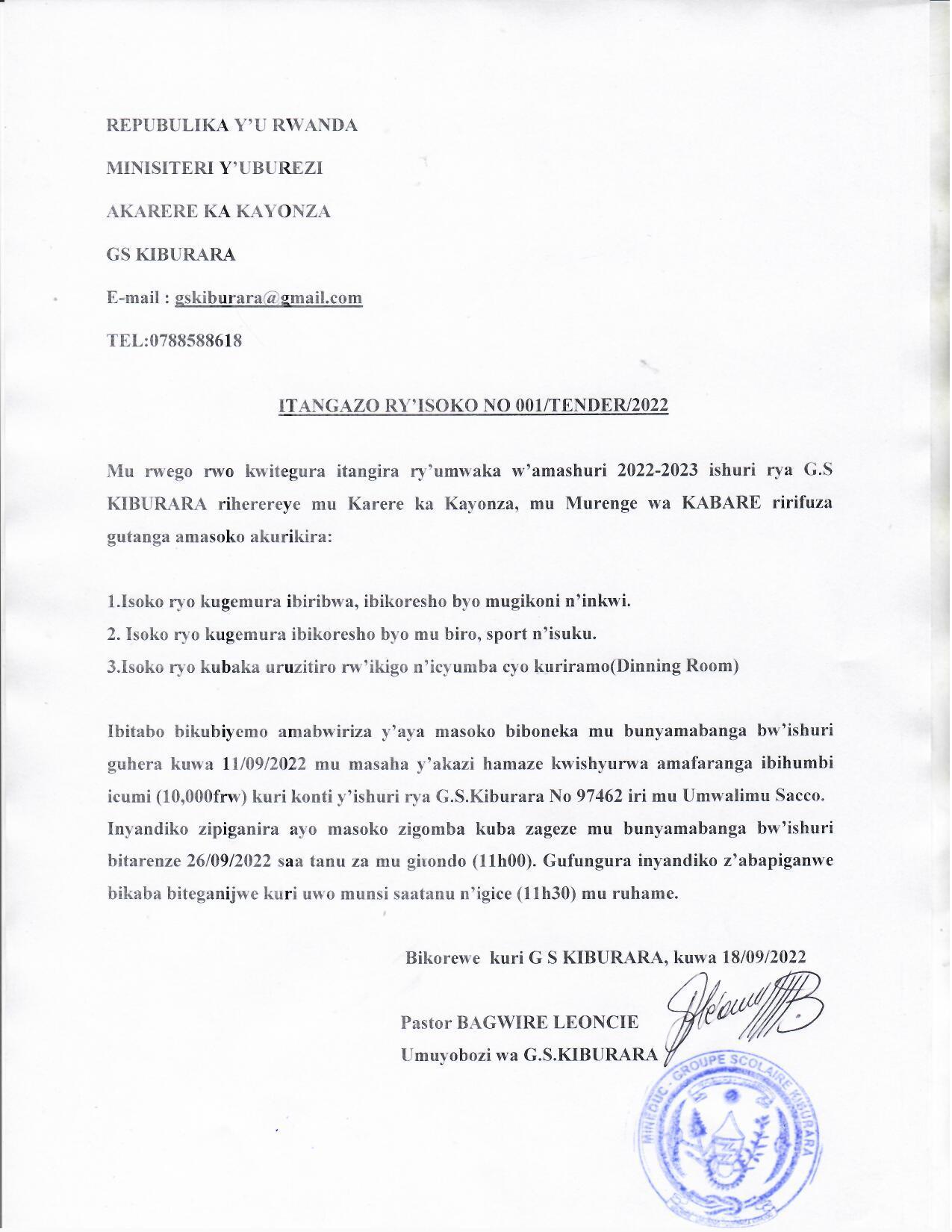 » G.S KIBURARA: ITANGAZO RY’ISOKO ImvahoNshya