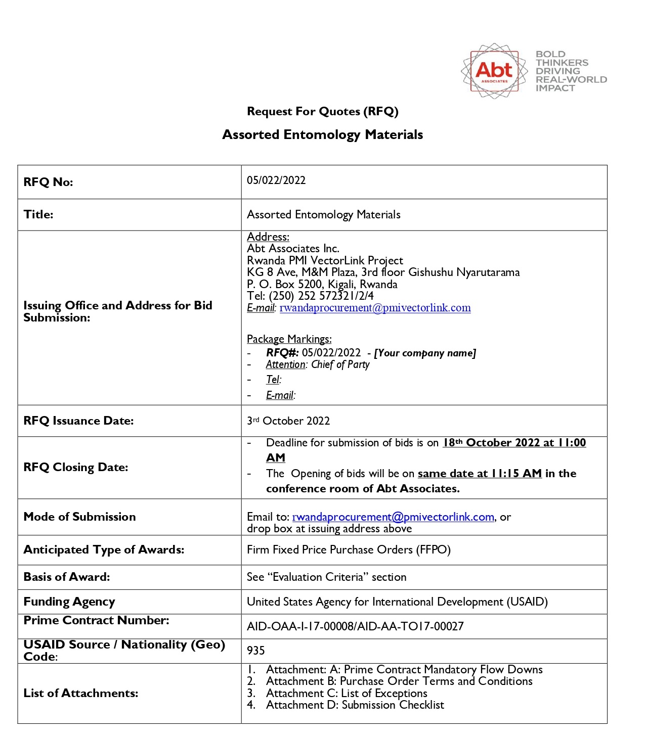 » Abt Associates: Request For Quotes (RFQ) Assorted Entomology ...