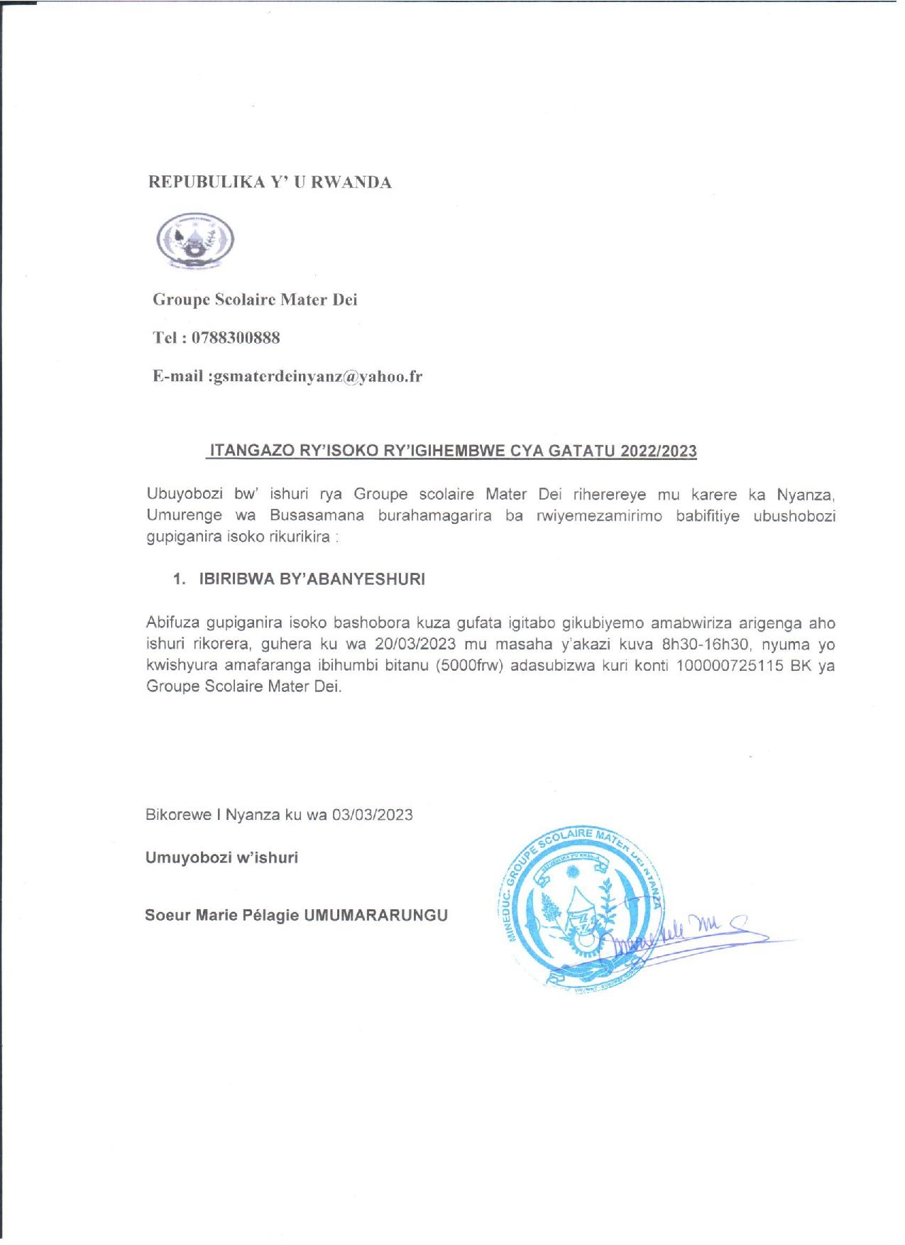 » GROUPE SCOLAIRE MATER DEI: Isoko ryo kugemura ibiribwa by’abanyeshuri ...