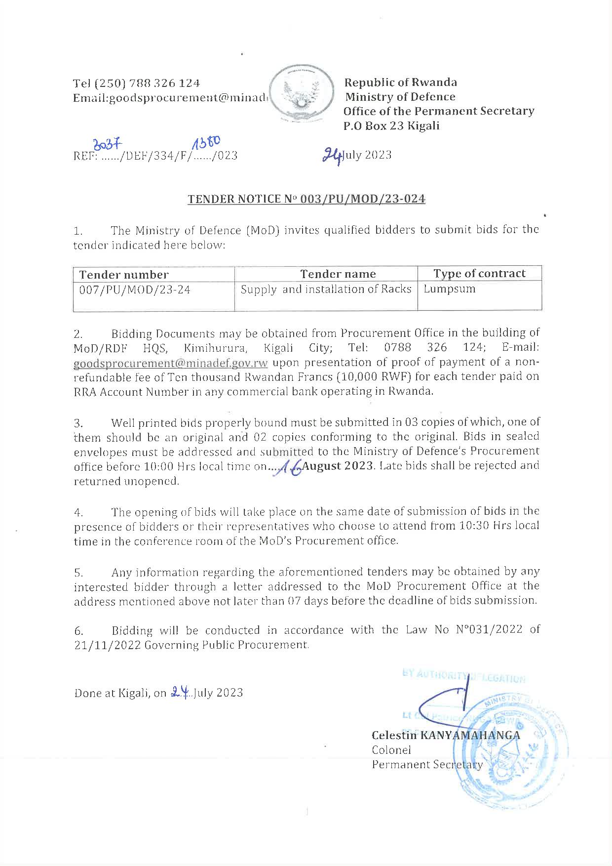 » Ministry of Defence: Tender Notice for Supply and Installation of ...