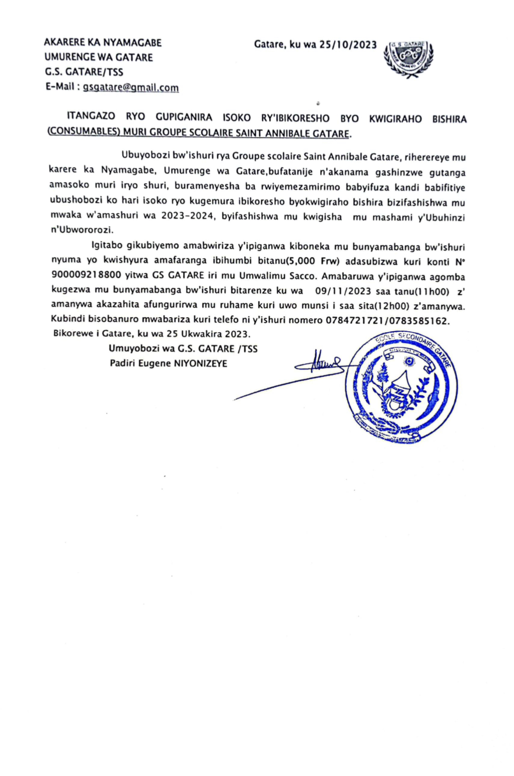 » GS GATARE TSS: Itangazo ryo gupiganira isoko ry’ibikoresho byo ...