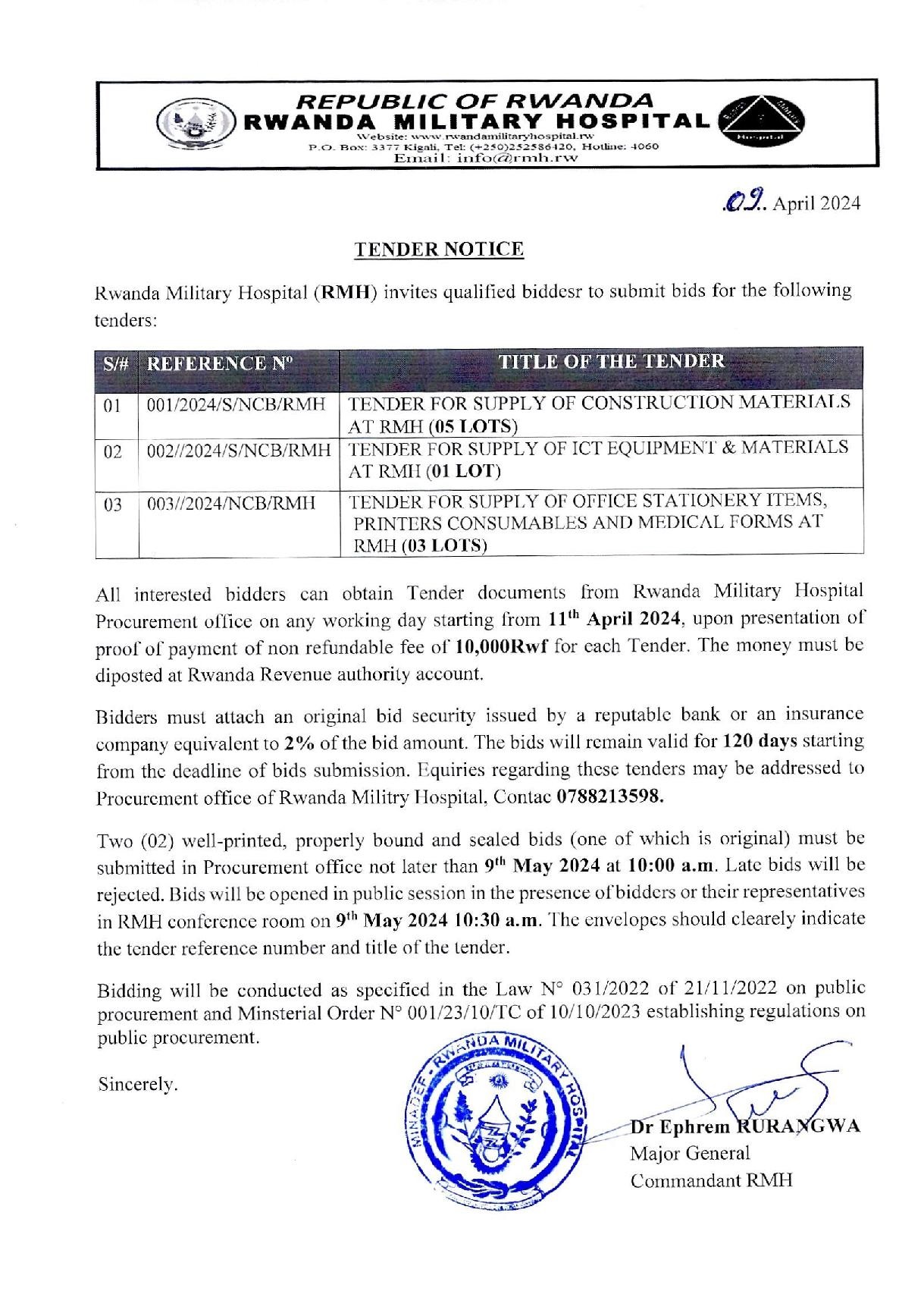 » RWANDA MILITARY HOSPITAL (RMH): Tender notice for Supply of ...