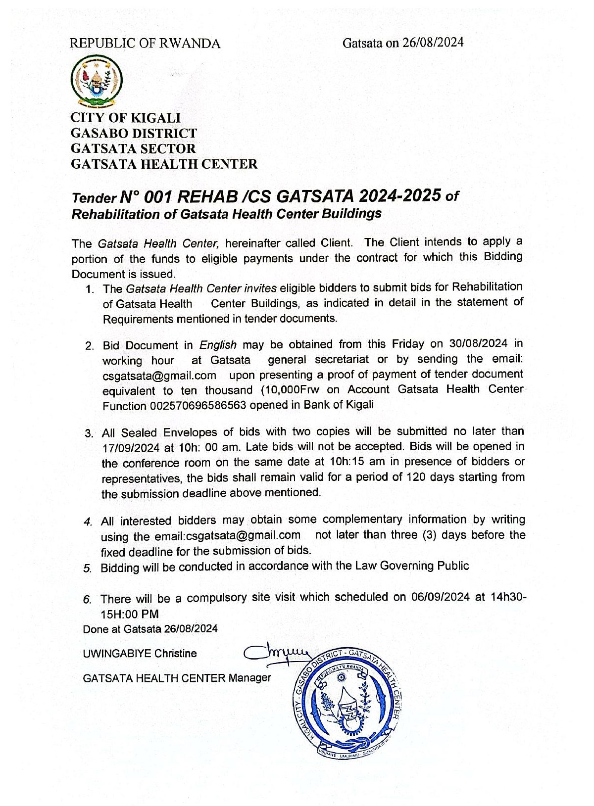 » GATSATA HEALTH CENTER Tender notice for Rehabilitation of Gatsata ...
