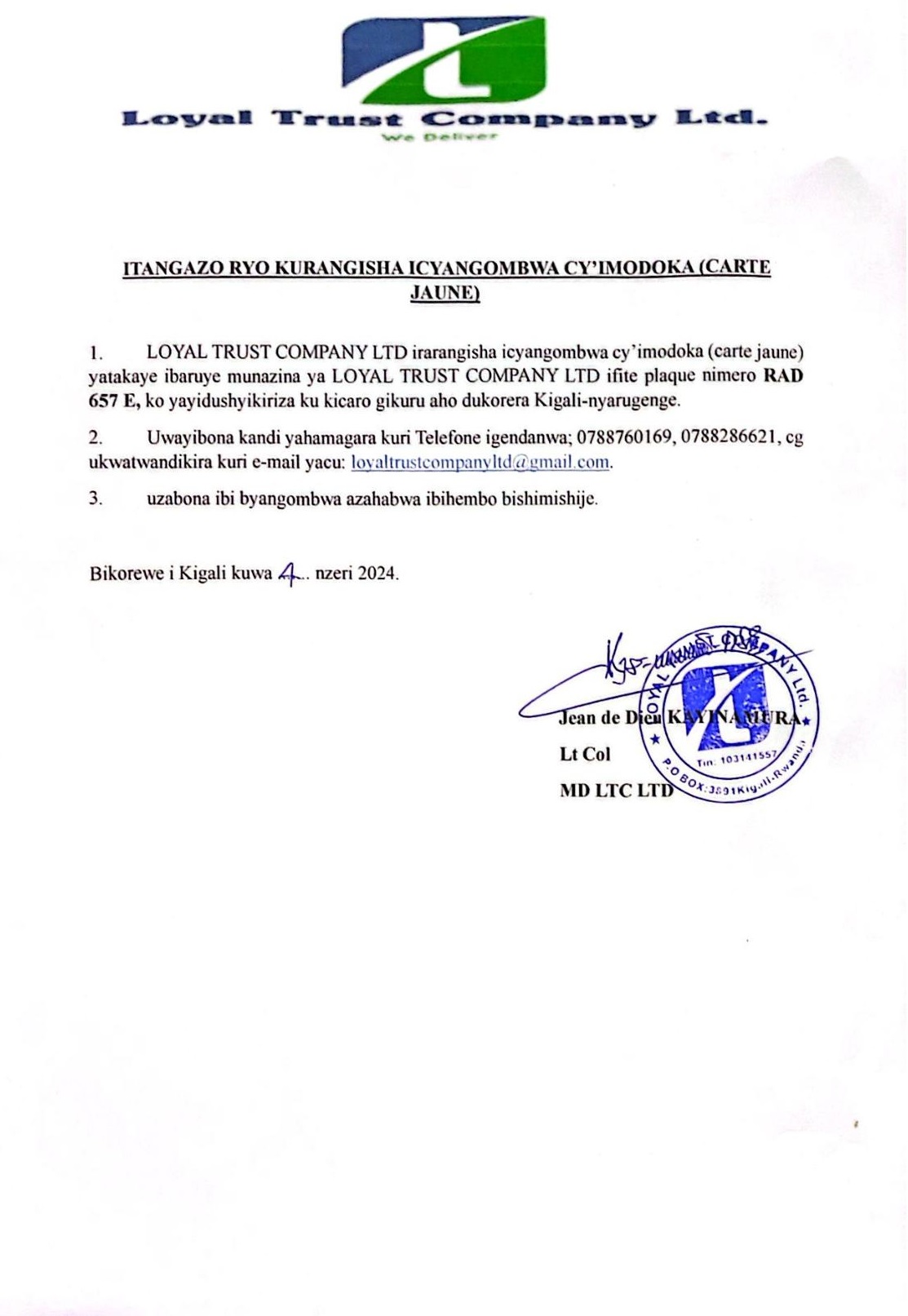 » LOYAL TRUST COMPANY LTD: Itangazo ryo kurangisha icyangombwa cy ...