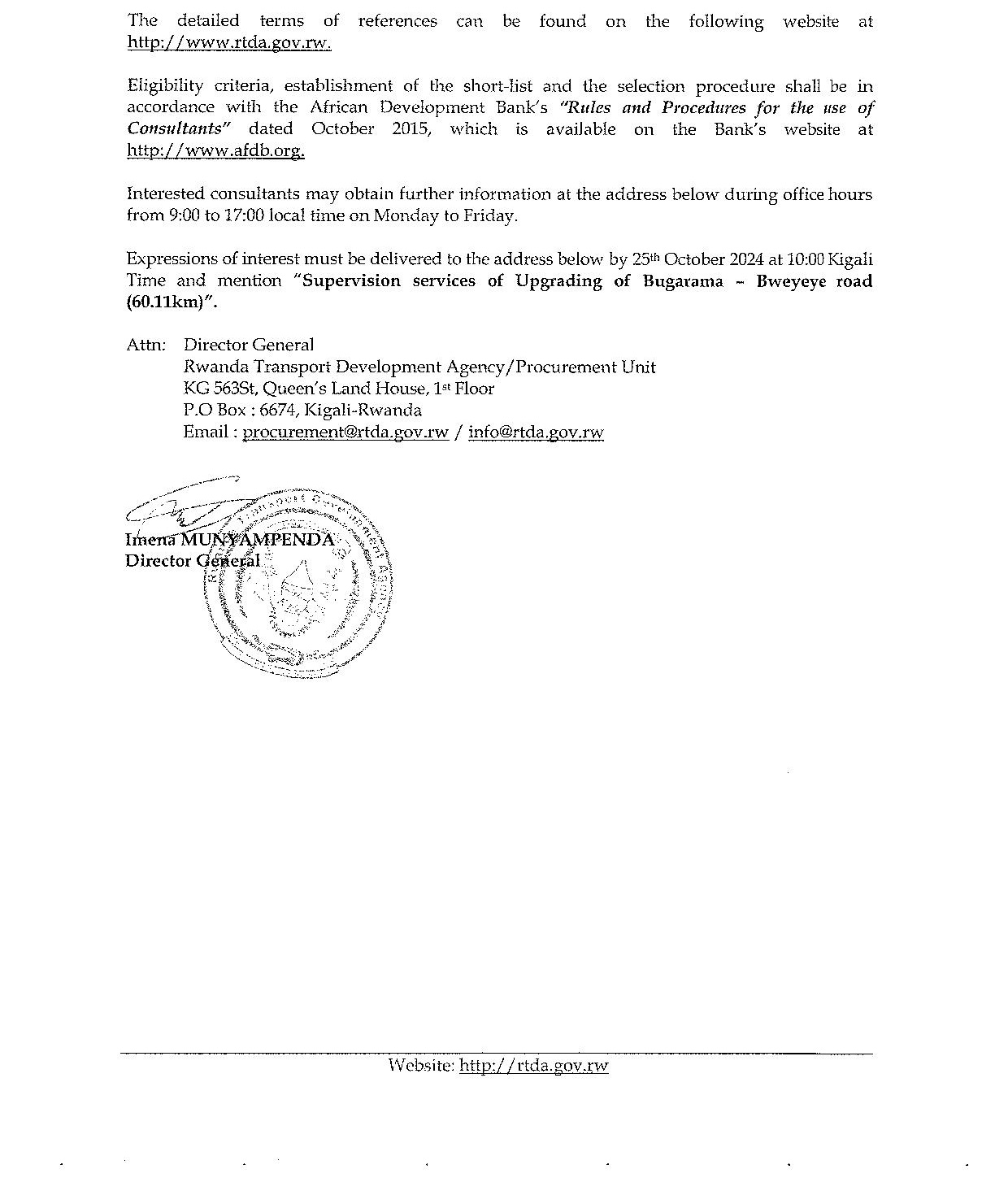 » RTDA: REOI for Supervision services of Upgrading of Bugarama-Bweyeye ...
