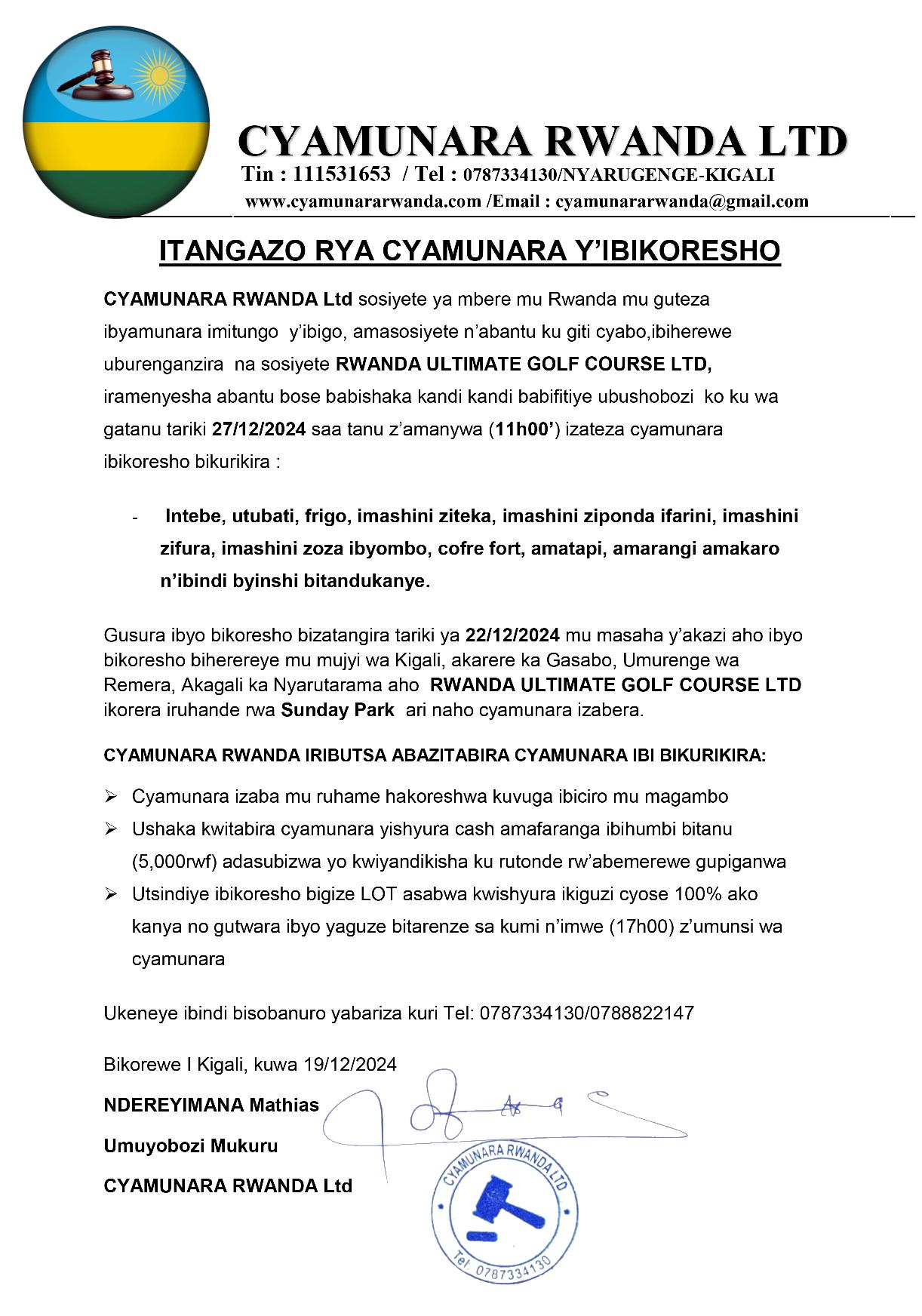 » CYAMUNARA RWANDA LTD: Itangazo rya cyamunara y’ibikoresho bya RWANDA ...