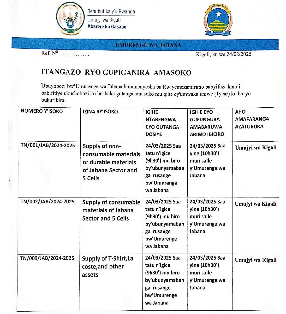» UMURENGE WA JABANA: Itangazo ryo gupiganira amasoko ImvahoNshya
