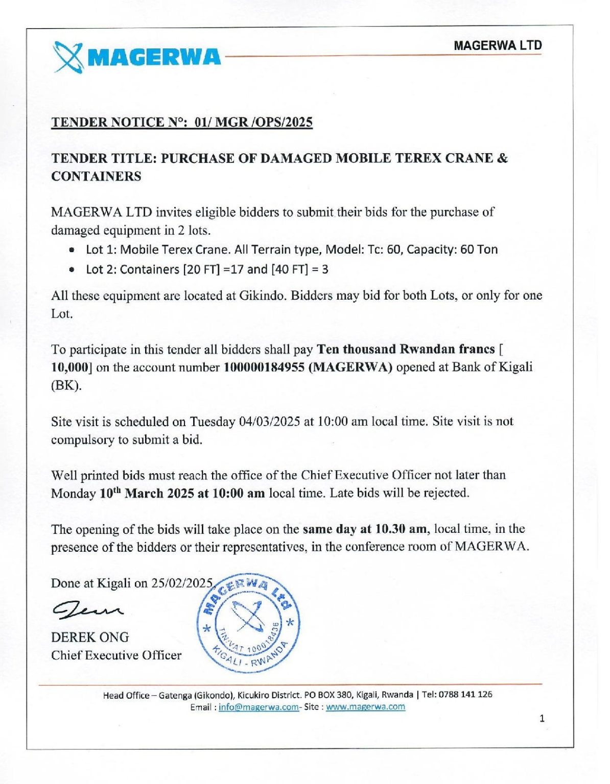 » MAGERWA LTD: Tender notice for purchase of damaged Mobile Terex Crane ...