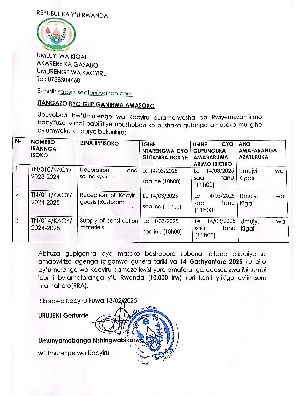 » KACYIRU SECTOR: Tender notice for decoration and sound system ...