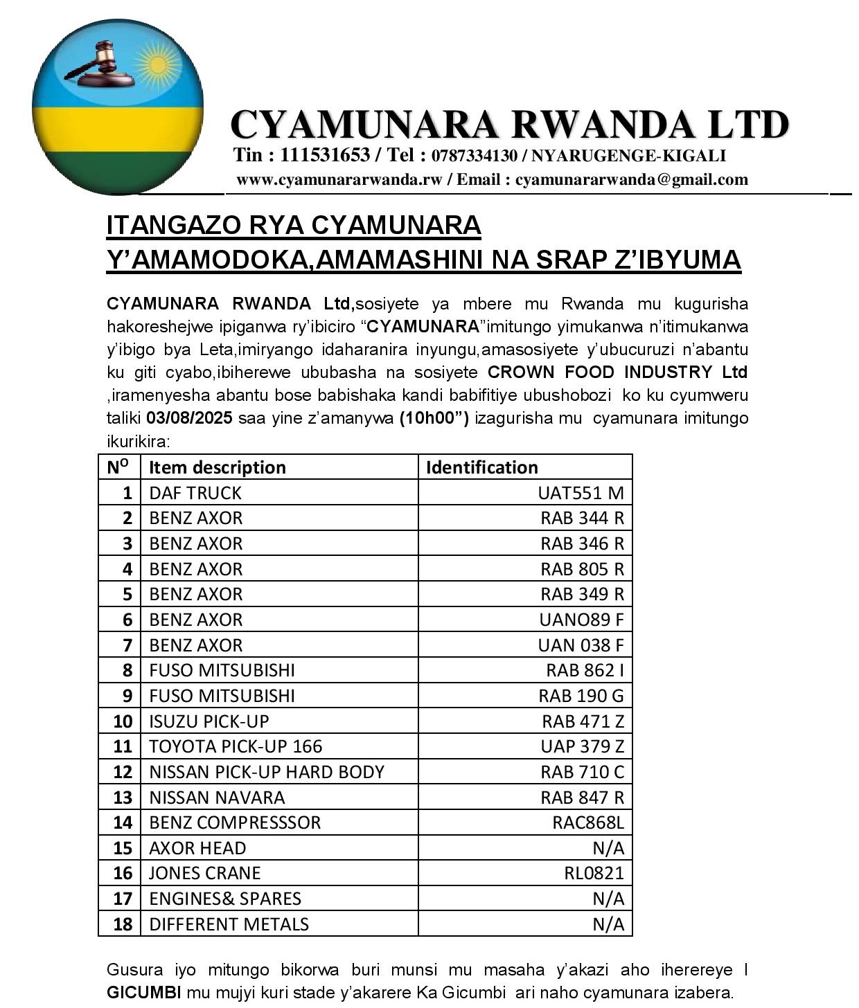 » CYAMUNARA RWANDA LTD: Itangazo rya cyamunara y’imodoka n’imashini by ...