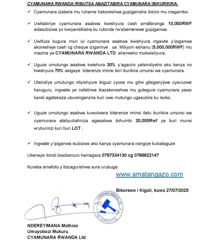 » CYAMUNARA RWANDA LTD: Itangazo rya cyamunara y’imodoka n’imashini by ...