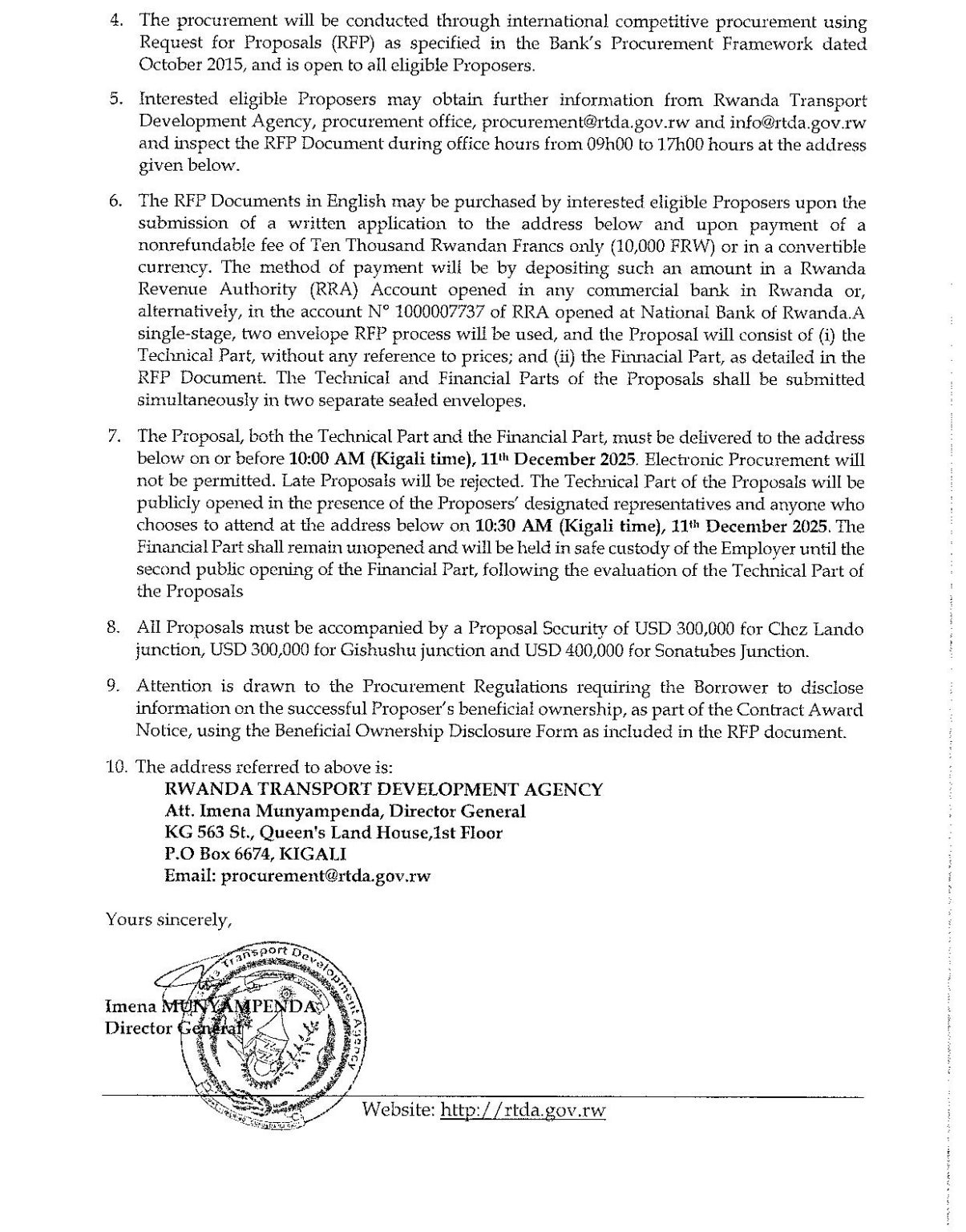 » Rwanda Transport Development Agency (RTDA: Specification Procurement ...