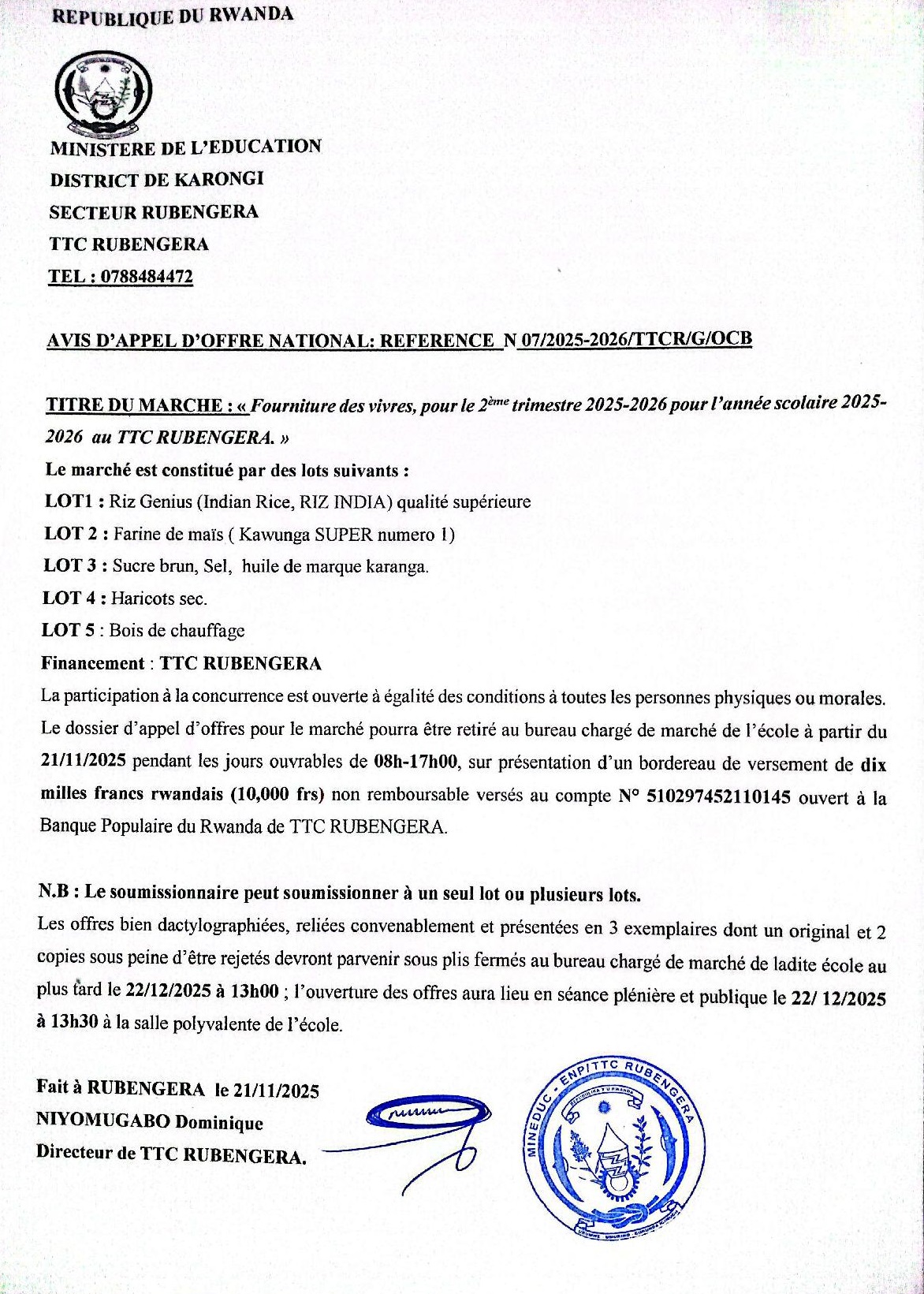 » TTC RUBENGERA: Avis d’appel d’offres pour le marché de fourniture des ...