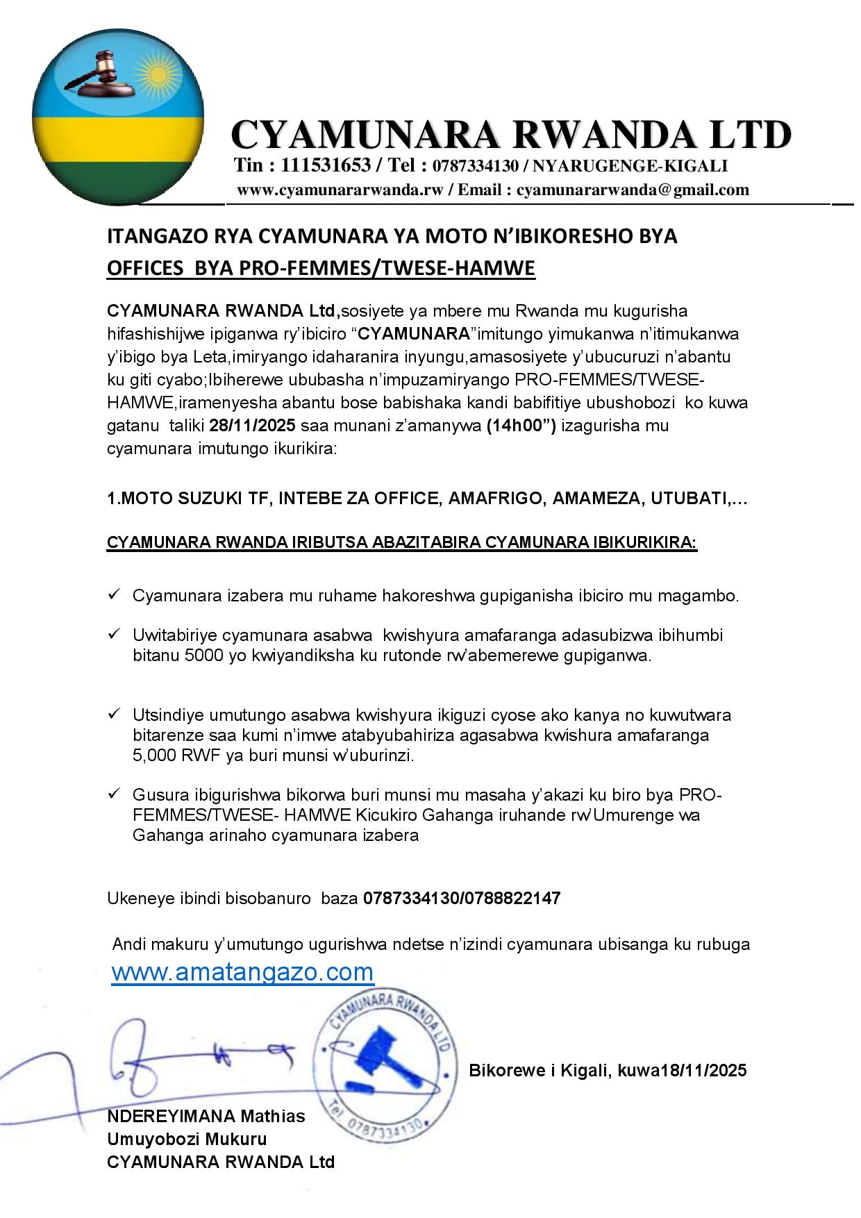» CYAMUNARA RWANDA Ltd: Itangazo rya cyamunara ya Moto n’ibikoresho bya ...