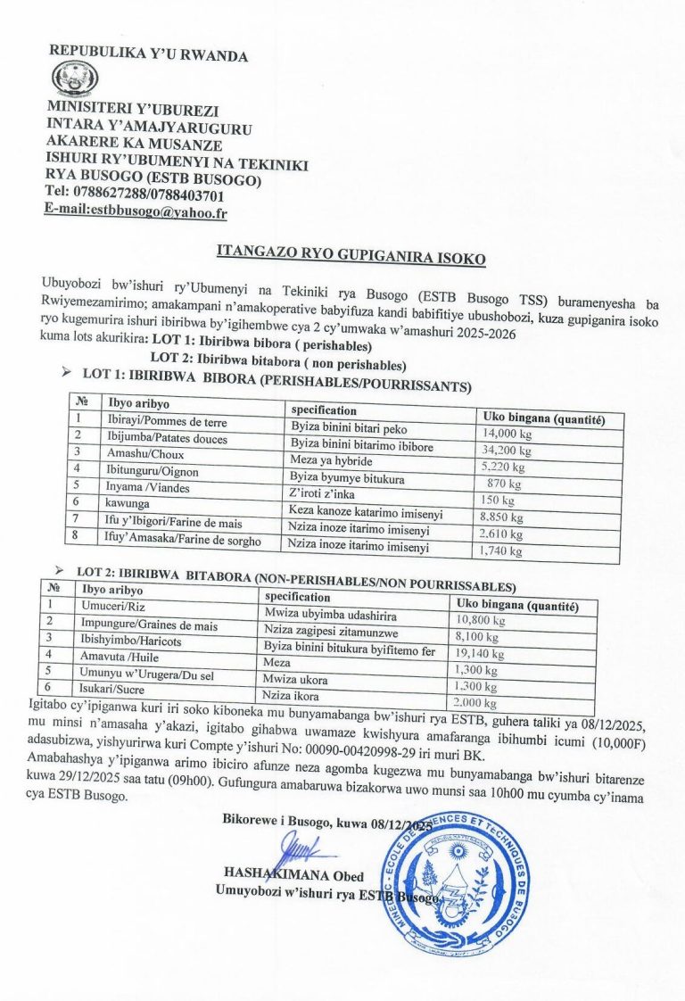 » ESTB Busogo: Isoko ryo kugemurira ishuri ibiribwa by’igihembwe cya 2 ...