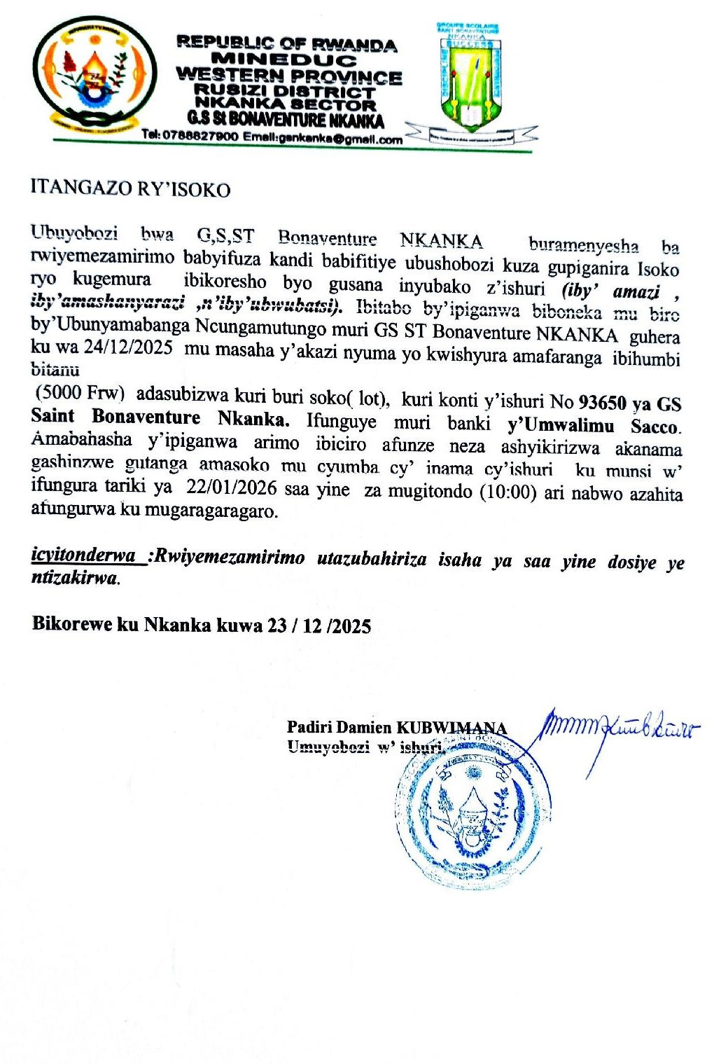» GS ST BONAVENTURE NKANKA: Isoko ryo kugemura ibikoresho byo gusana ...