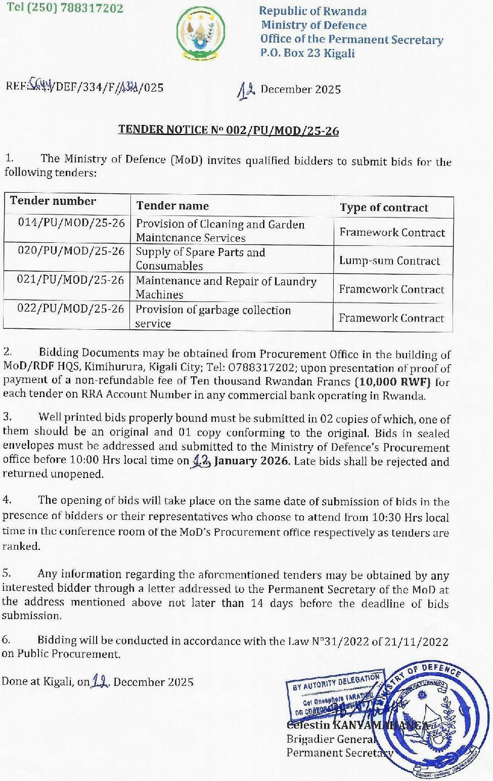 » MINISTRY OF DEFENCE (MoD) Tender notice for Provision of Cleaning and ...