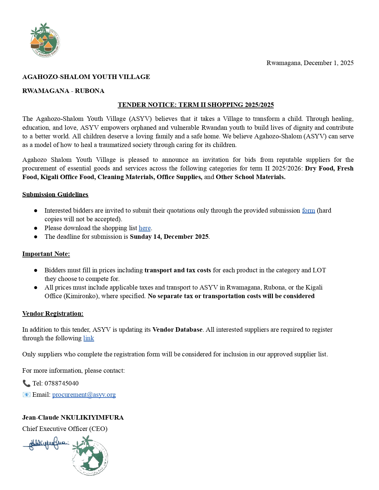 » Agahozo Shalom Youth Village (ASYV): Itangazo ryo gupiganira amasoko ...