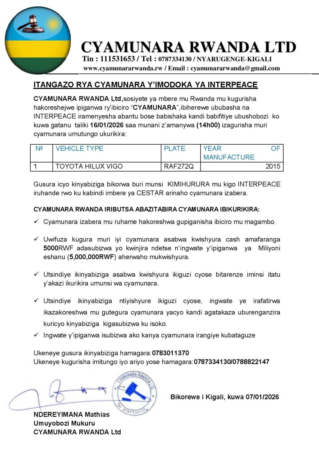» CYAMUNARA RWANDA LTD: Itangazo rya cyamunara y’imodoka ya INTERPEACE ...
