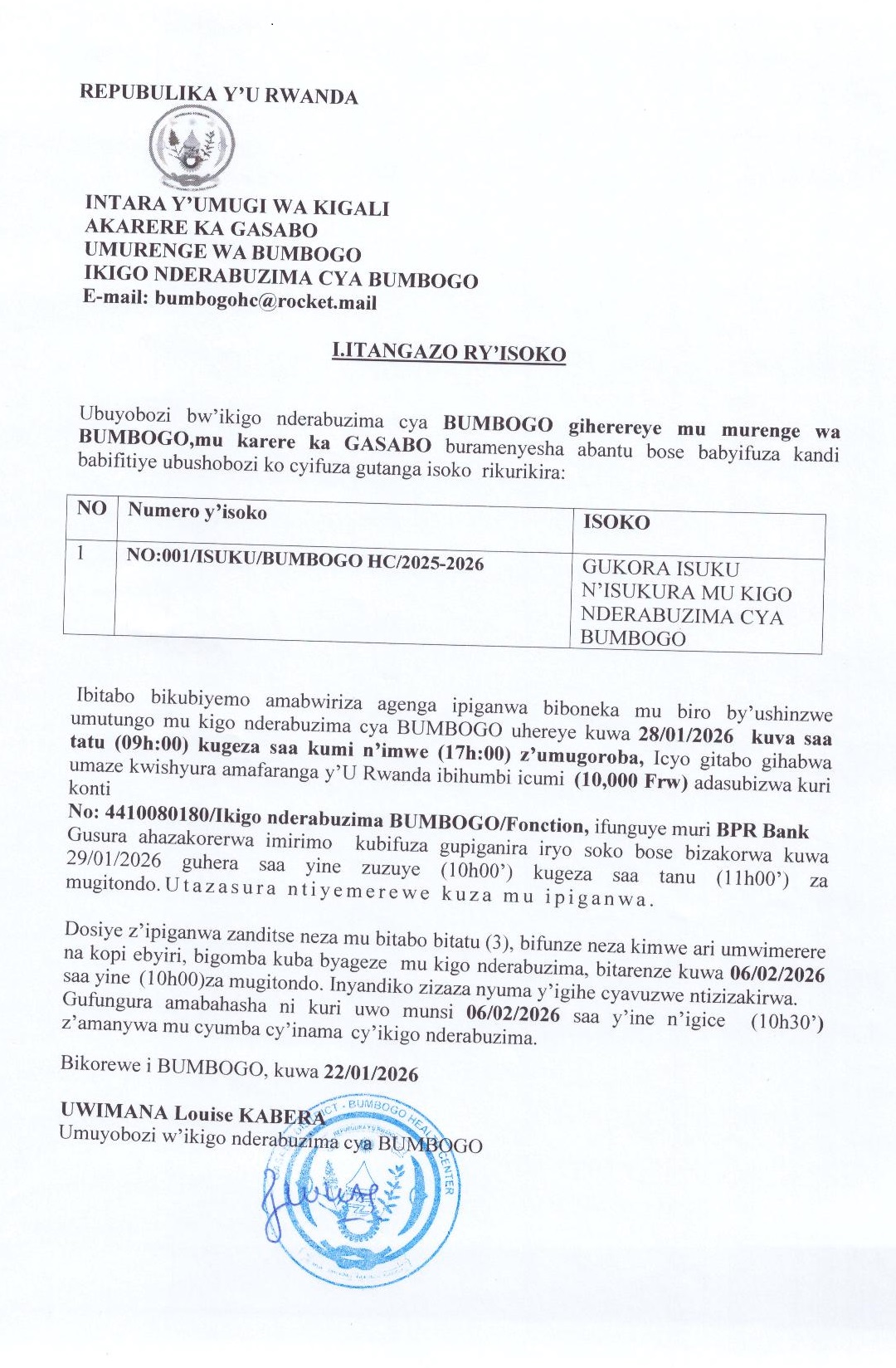 » Ikigo Nderabuzima cya BUMBOGO: Isoko ryo gukora isuku n’isukura mu ...