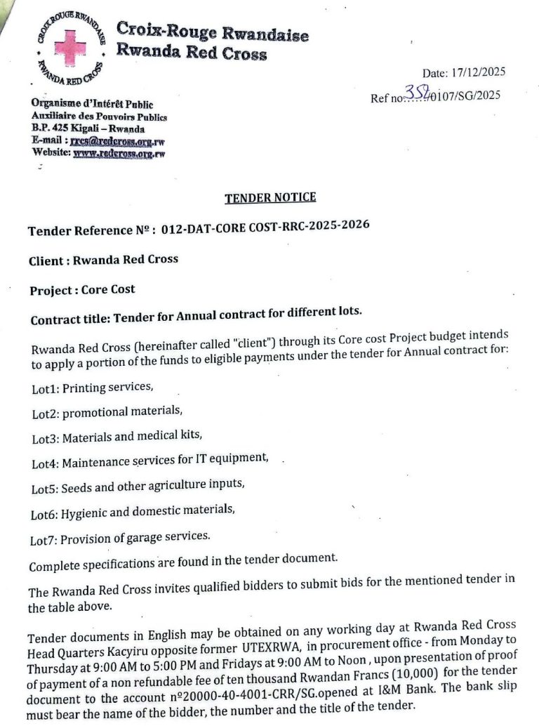 » RWANDA RED CROSS: Tender for Annual contract for different lots ...