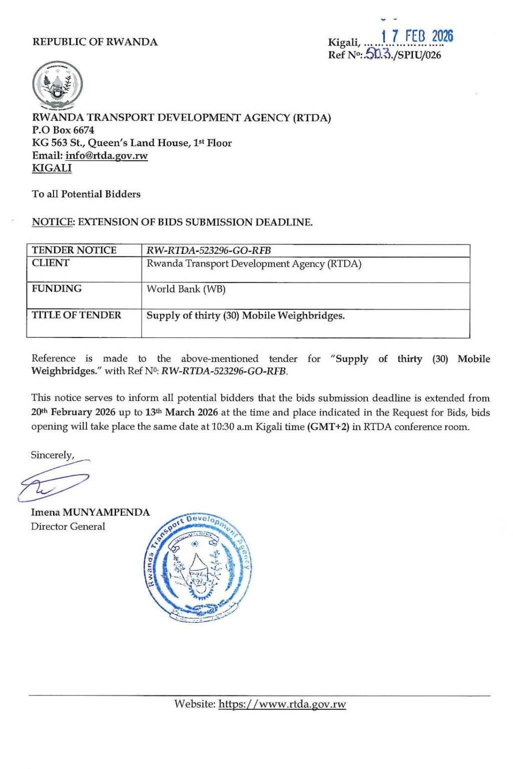 » Rwanda Transport Development Agency (RTDA): Extension of bids ...