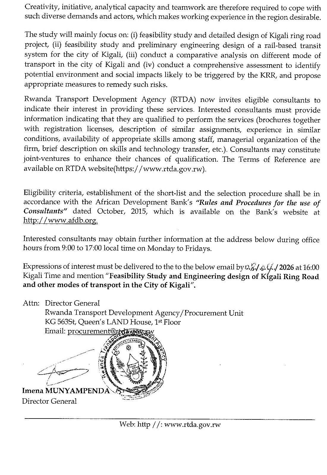 » Rwanda Transport Development Agency (RTDA): Request for expressions ...